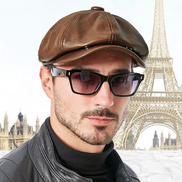 Retro Octagonal Leather Hat Autumn Men's and Women's Cowhide Beret ...