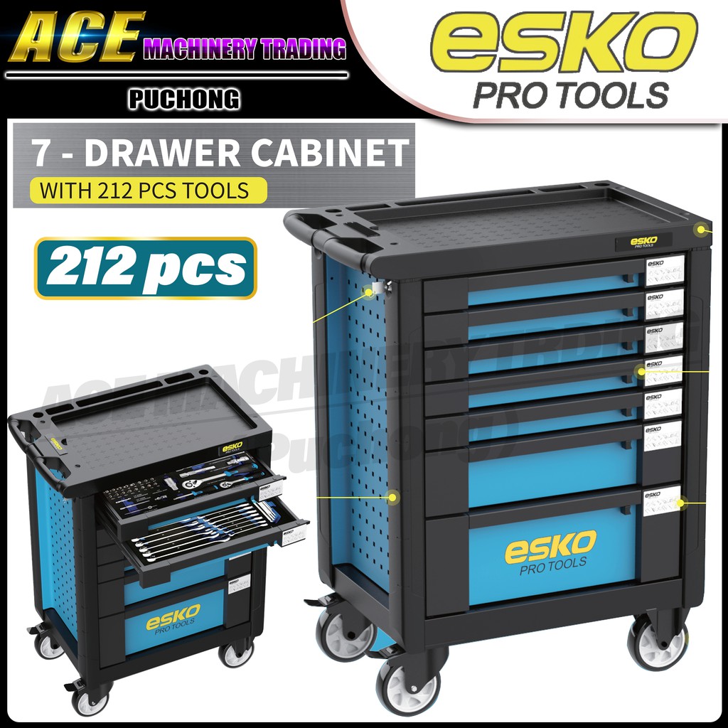 Esko 7-Drawer Cabinet With 212pcs Tools Set (Heavy Duty) Tools Trolley Set Drawer Tool Cart ...