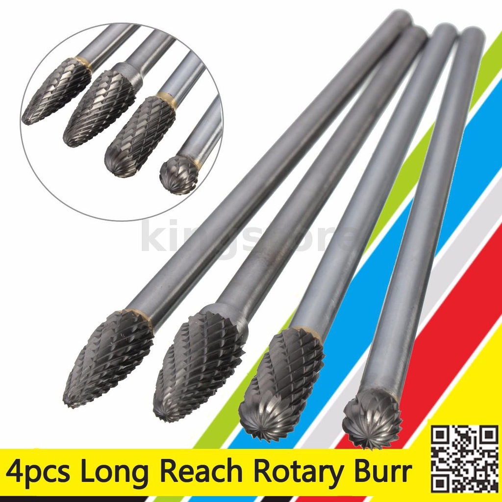 4Pcs Rotary Burr 1/4'' Shank 6'' inch Long Reach Double Cut Carbide Set ...
