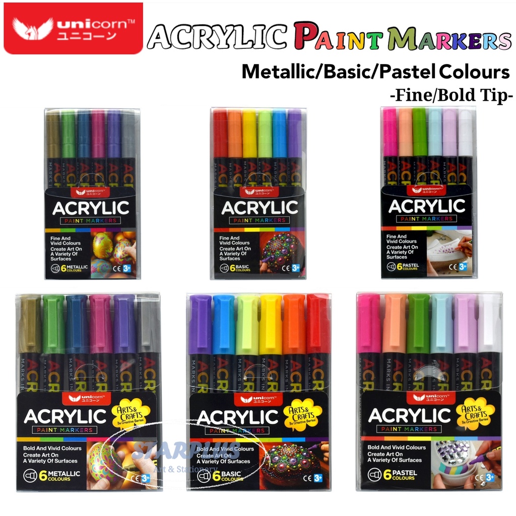 (Starplus)Unicorn Acrylic Paint Marker *Bold/Fine* - 6's/Set (Metallic ...