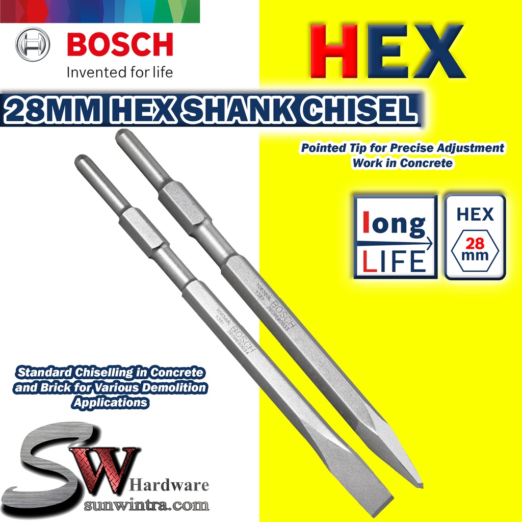 BOSCH 19MM HEX SHANK POINTED CHISEL / FLAT CHISEL 17MM X 280MM ...