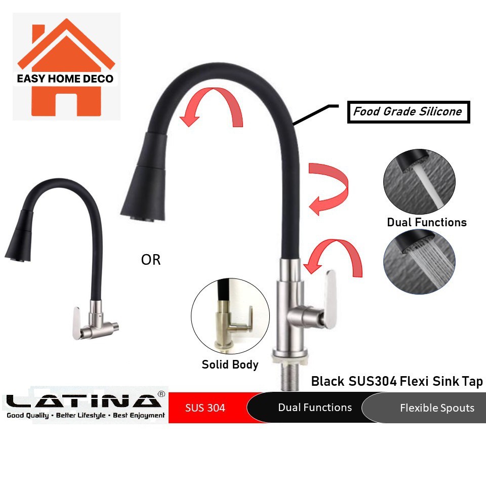 LATINA SUS304 Stainless Steel Black Flexible Kitchen Sink Tap, Paip Air ...