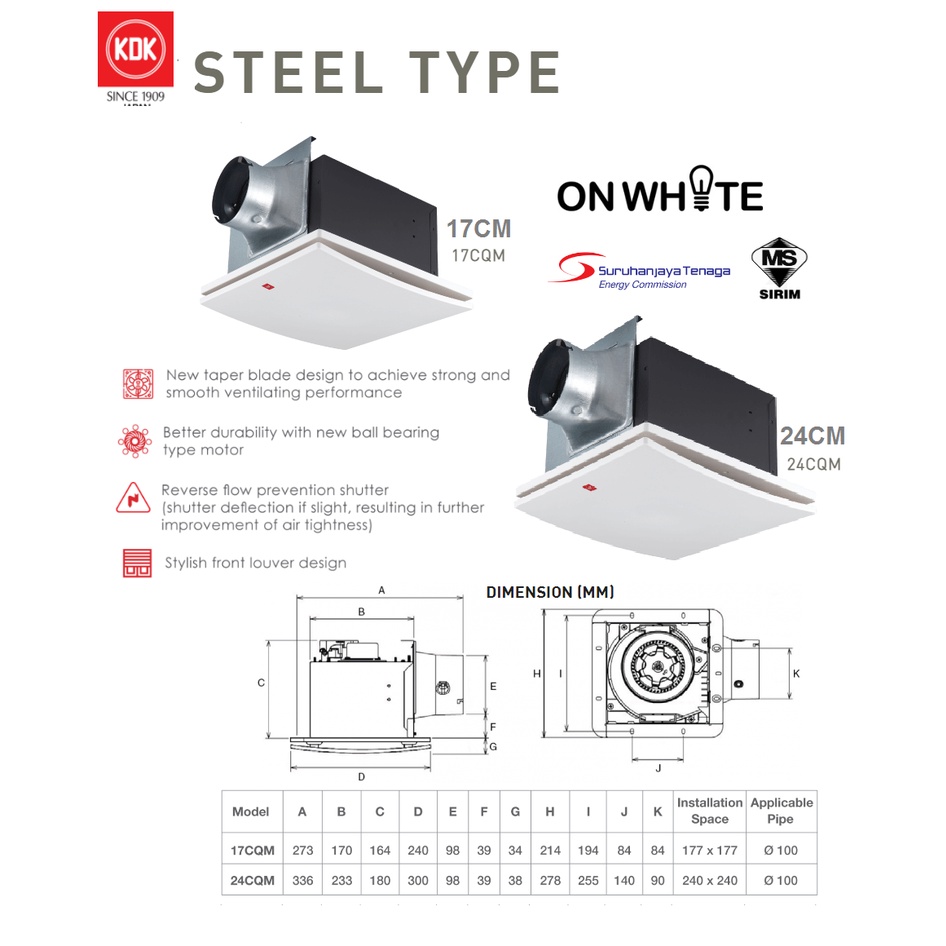 KDK 17CUBM / 24CUBM | Ceiling Mount Ventilating Fan Steel Type ...