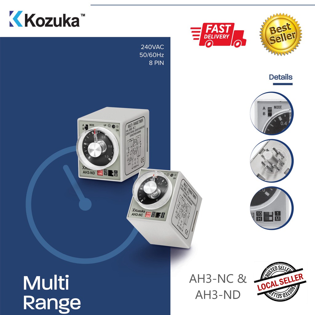 KOZUKA MULTI RANGE TIMER 8 PIN 240VAC AH3-NC / AH3-ND 6SEC-60MIN 1MIN ...
