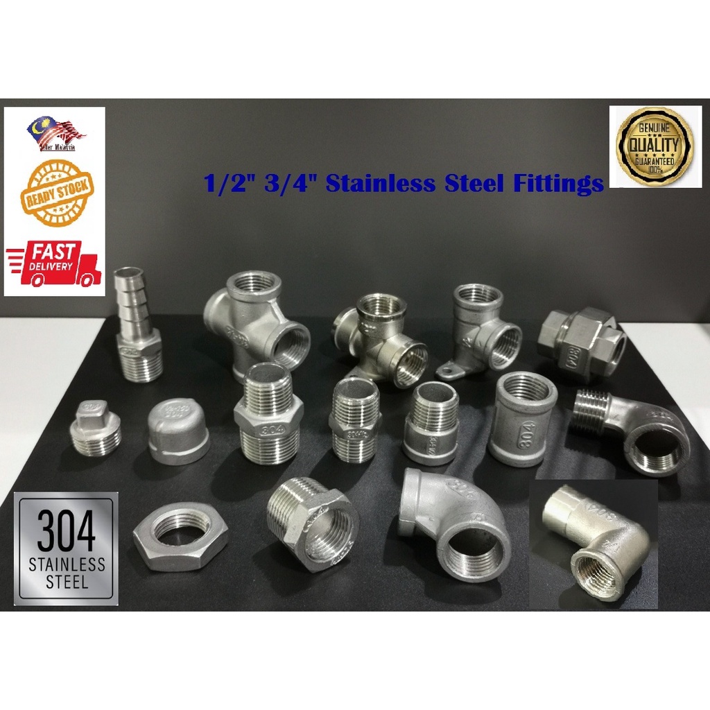 1/2" 3/4" 1" BSPT Stainless Steel SUS304 Tee Elbow Socket Nipple Bush Cap Plug Union Lock Nut ...