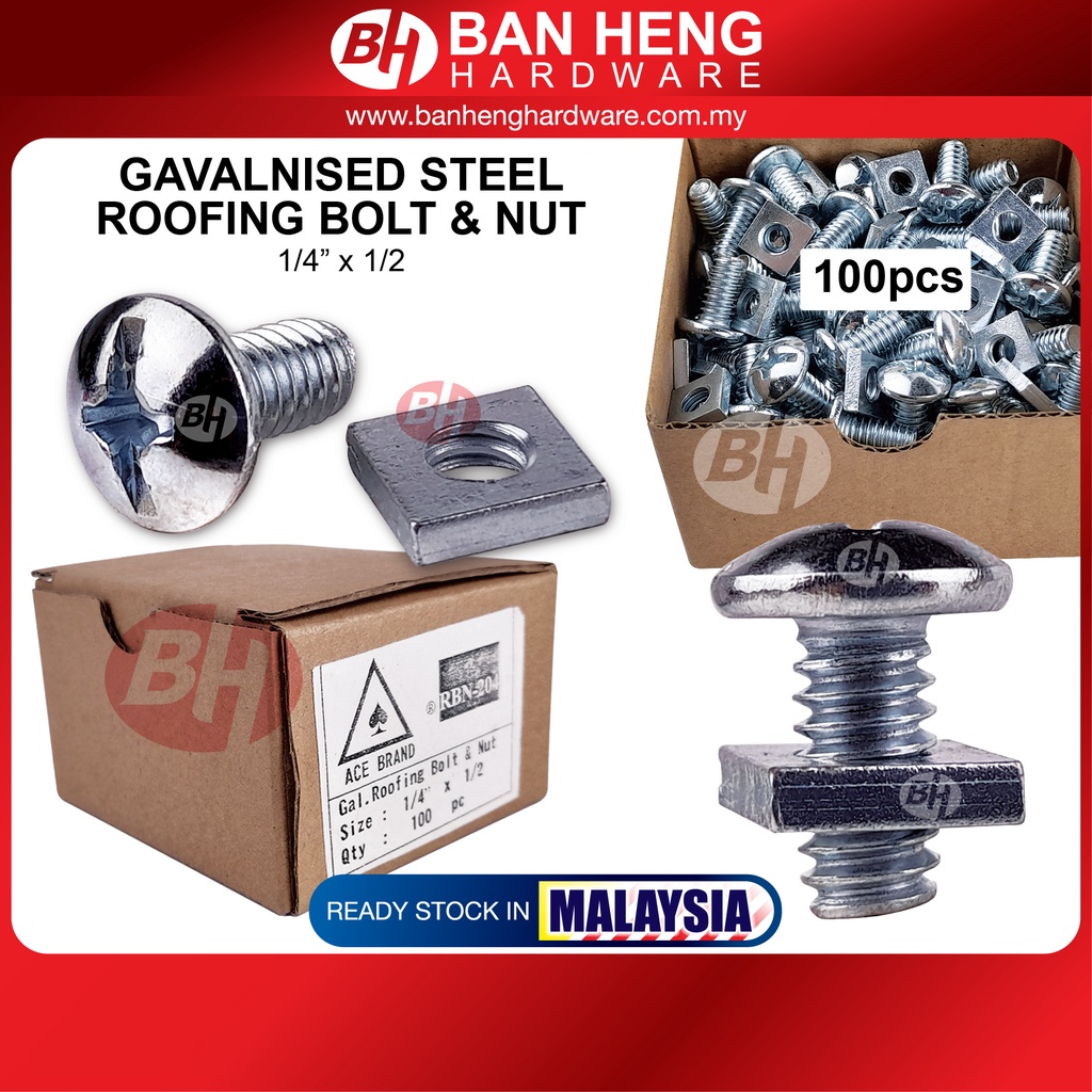 ROOFING SLOT M/C SCREW WITH NUT 1/4'' X 1/2'' [100PC/BX] | Shopee Malaysia