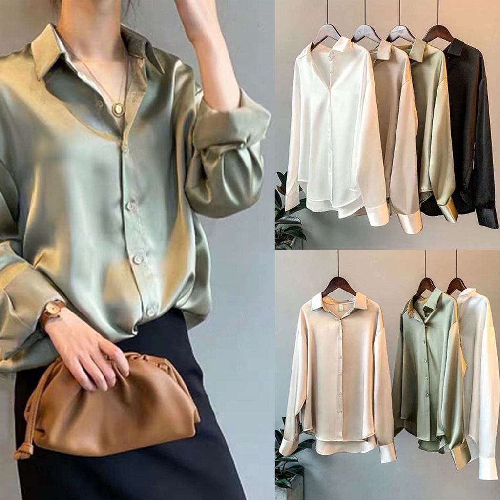 [ready stock] Women Satin Blouse Plus Size Baju Blouse Wanita Satin ...