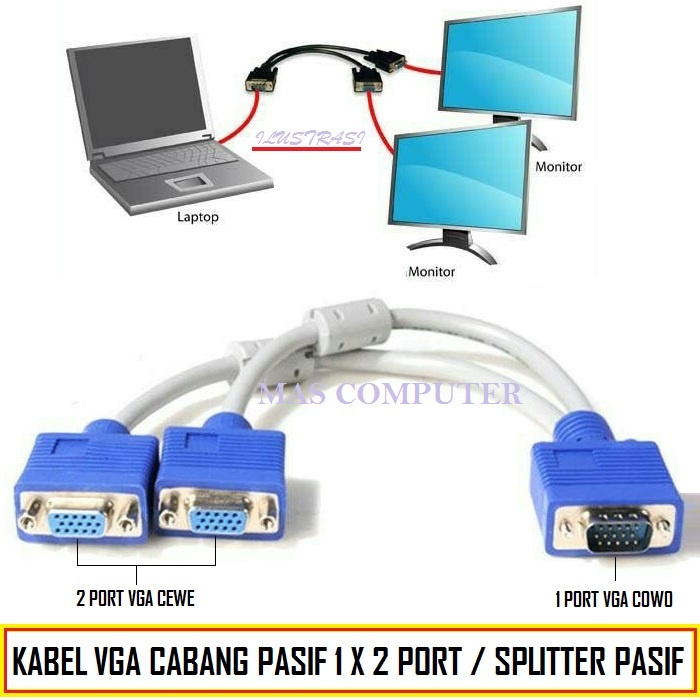 LAYAR 2 PORT VGA Splitter Cable / 2Port VGA Splitter 1 X 2 Screen / VGA PASSIVE / 2Port VGA ...
