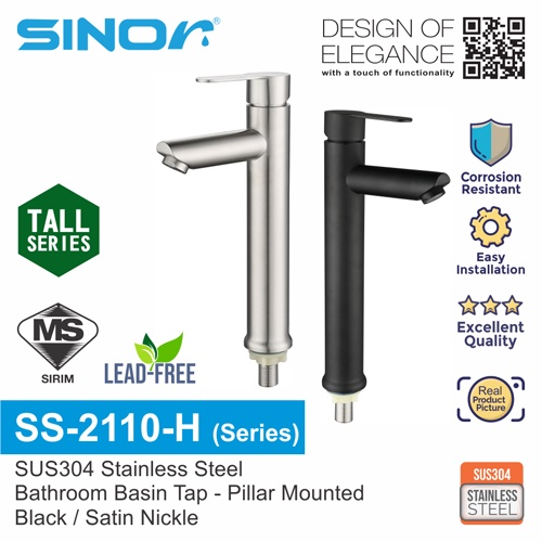 Sinor SS-2110-H Series SUS304 Stainless Steel Bathroom Tall Tap Pillar Mounted Paip Air ...