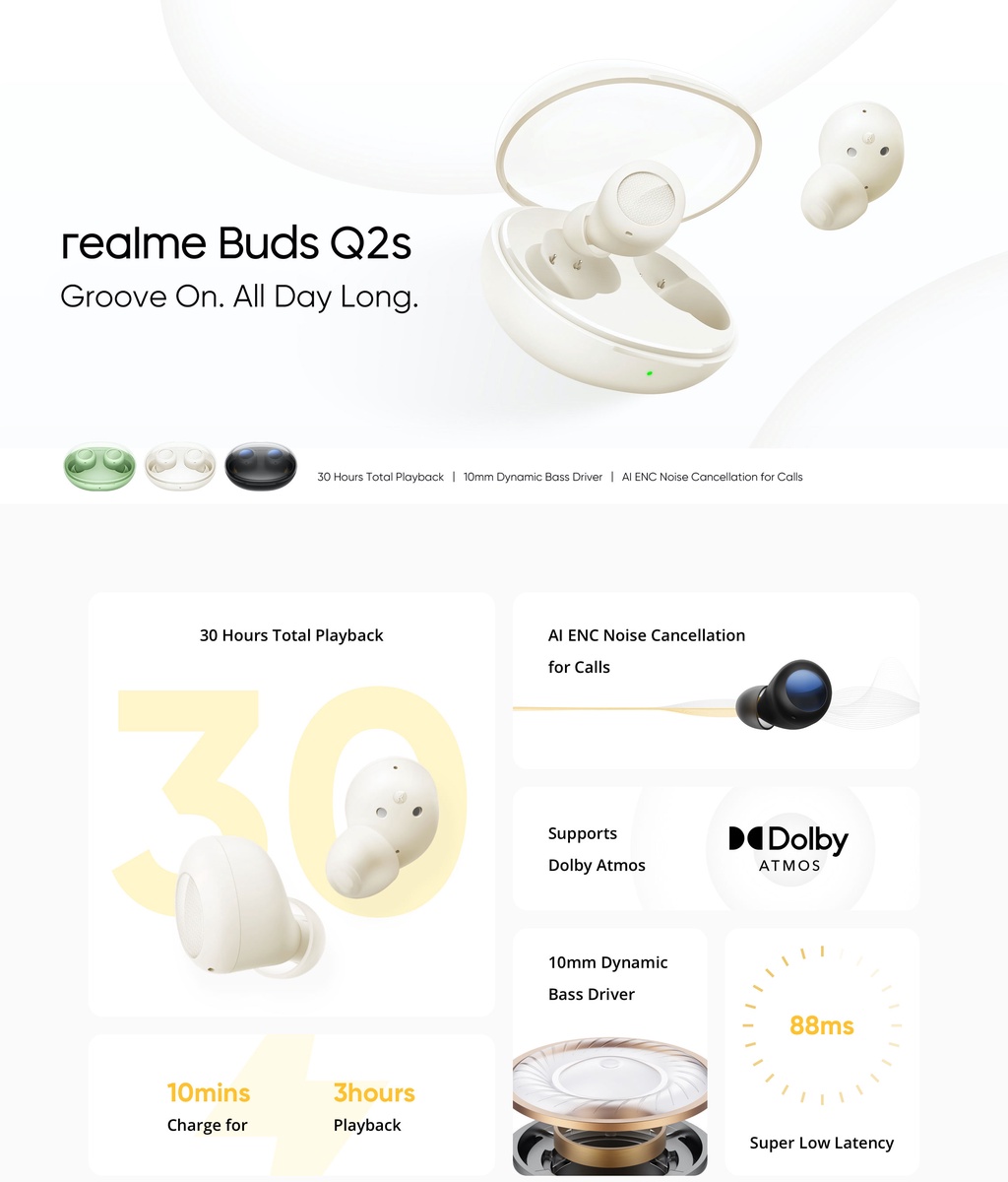 realme Buds Q2s Wireless Bluetooth Earphone Type C Charge Bluetooth 5.2 Dolby Atmos AI ENC In ...