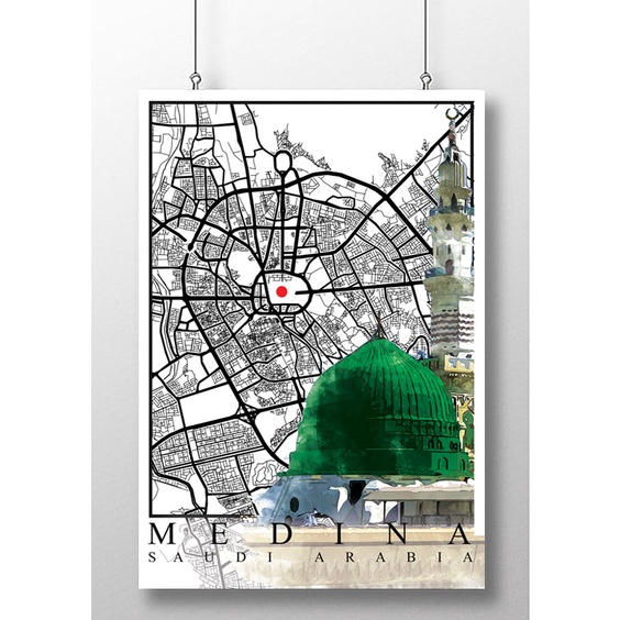 Poster Islamic Landmarks, The harams, Makkah, Madinah, Aqsa, map ...