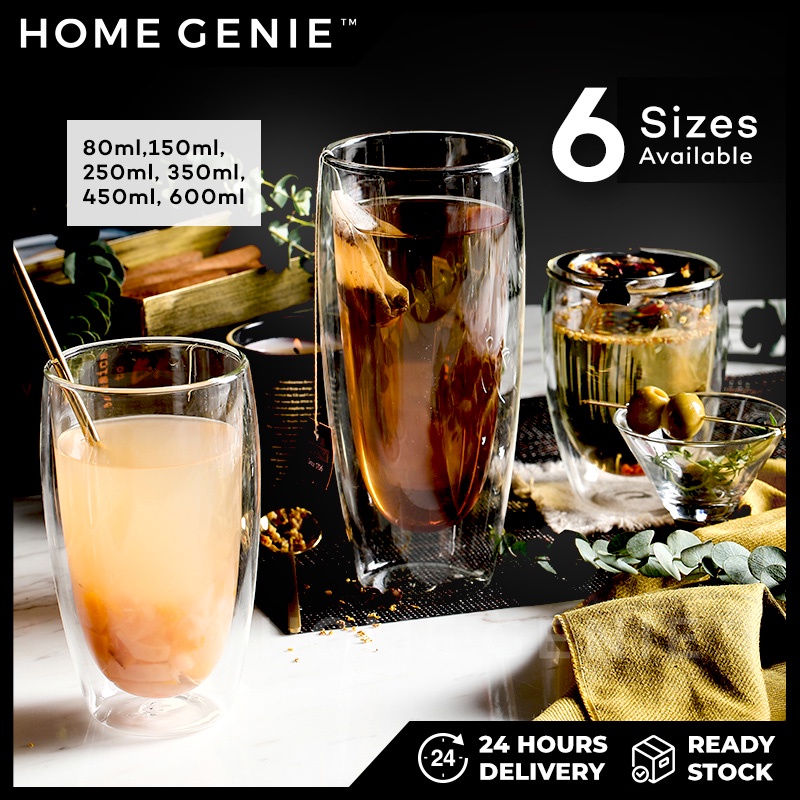 Double Wall Glass Cup Clear Handmade Heat Resistant Tea Drink Cups ...