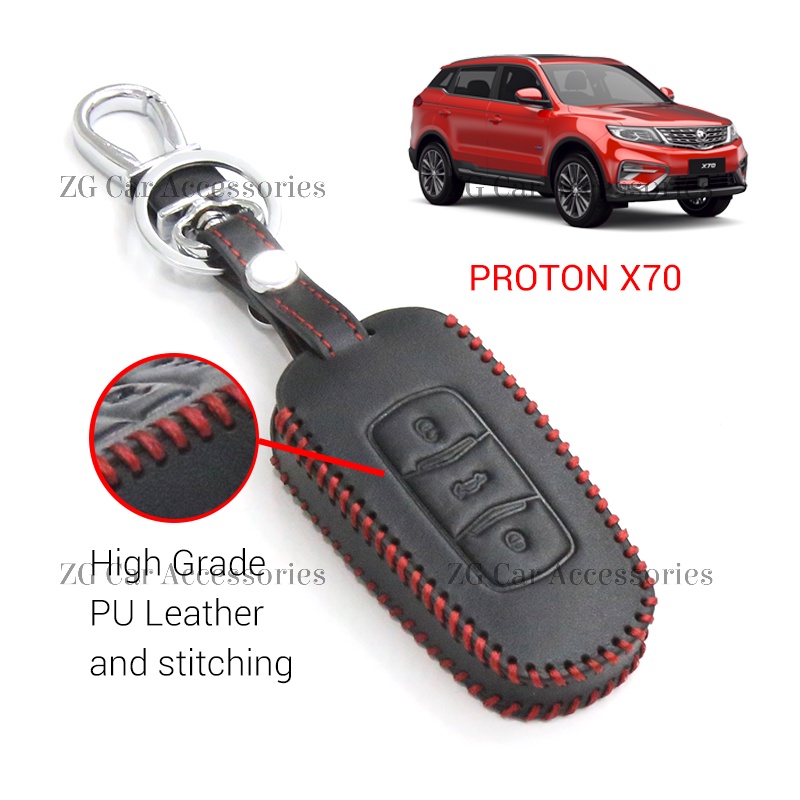 Proton X70 Car Key Cover Keyless Remote Case Black Leather with Red ...
