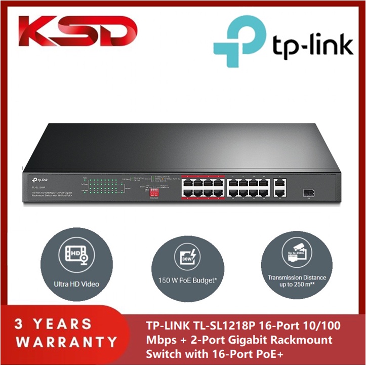 TP-LINK TL-SL1218P 16 PORT 10/100 Mbps + 2 PORT GIGABIT RACKMOUNT SWITCH WITH 16 PORT PoE+ ...