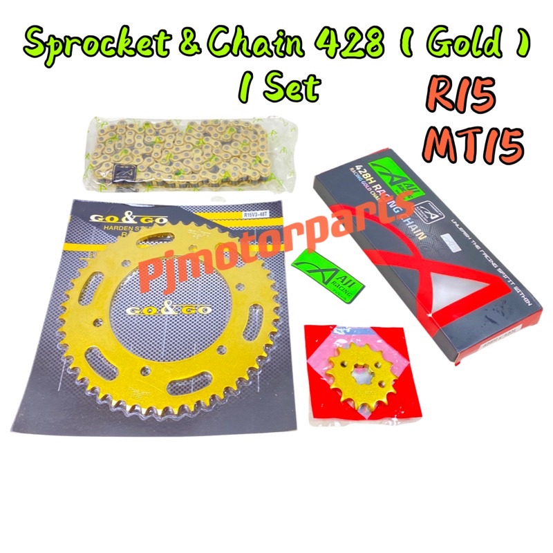 (1 Set) Yamaha R15 R-15 MT15 MT 15 (428) Gold Sprocket Spocket Spoket ...