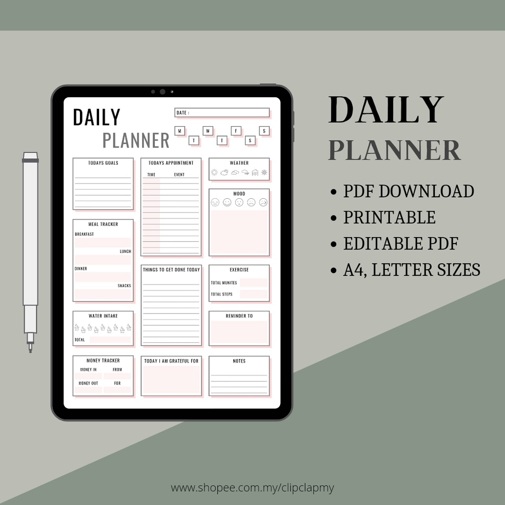 Daily Digital Planner | Printable & Editable PDF | Digital Download ...