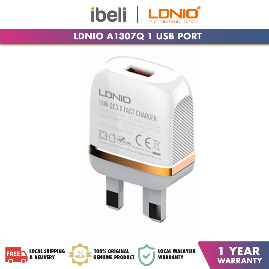 LDNIO A1307Q 18W QC3.0 Fast Charge Charger UK Plug | Shopee Malaysia