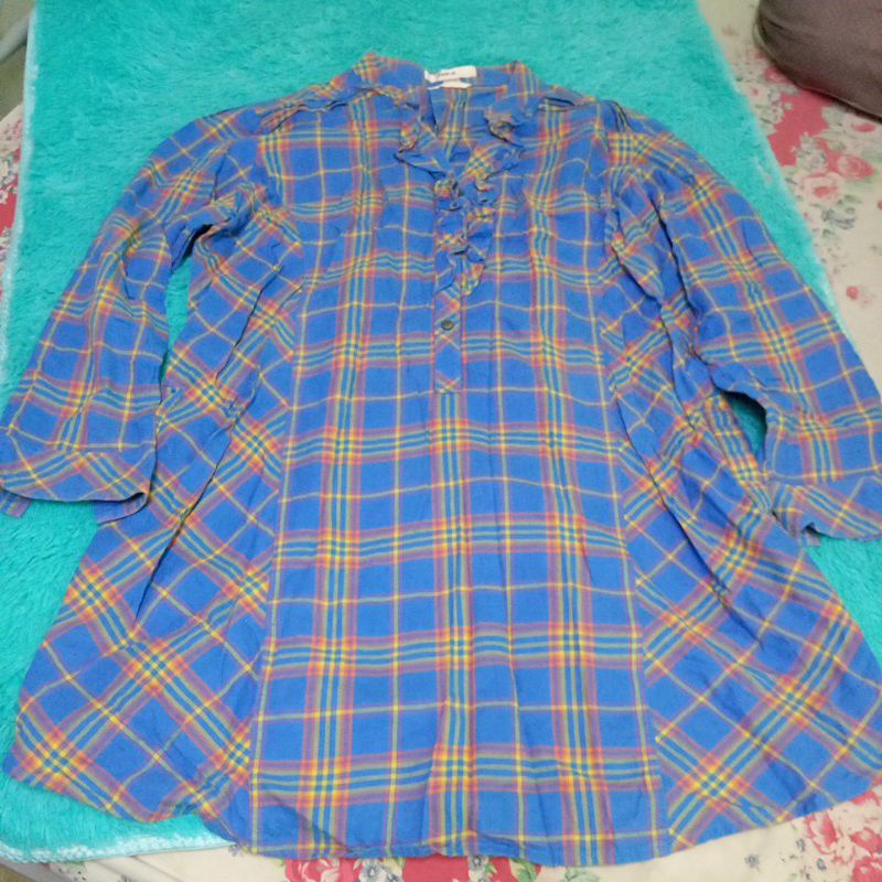 blouse biru corak kotak | Shopee Malaysia