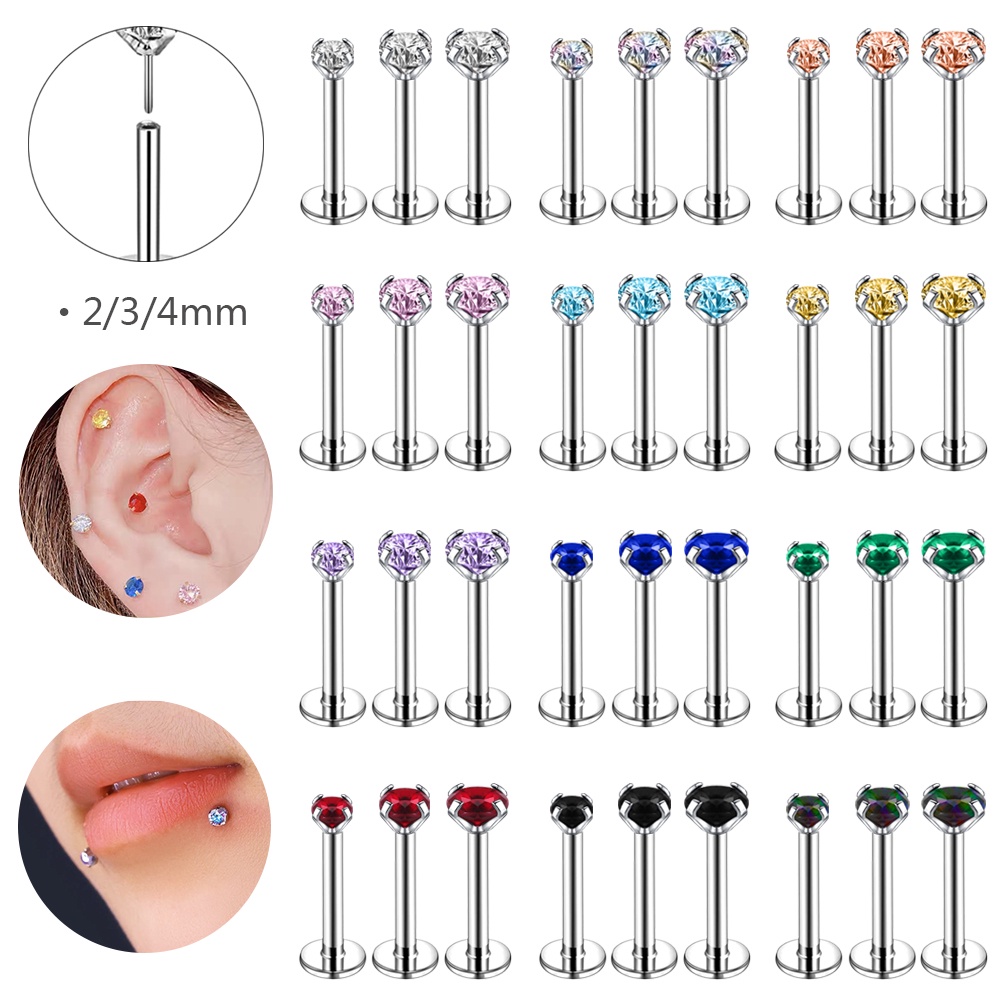 1 Pc 2/3/4mm Crystal Labret Lip Piercing Push In Style Stainless Steel ...