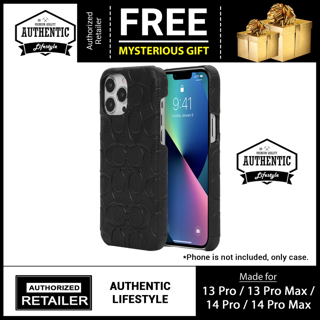 [ 14 / 13 Pro Max / Pro ] Coach Leather Slim Wrap - Black Emboss Signature C Pebbled Leather ...