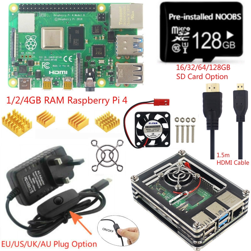2/4/8GB Raspberry Pi 4 Starter Kit with Power Switch Line/ Charger ...