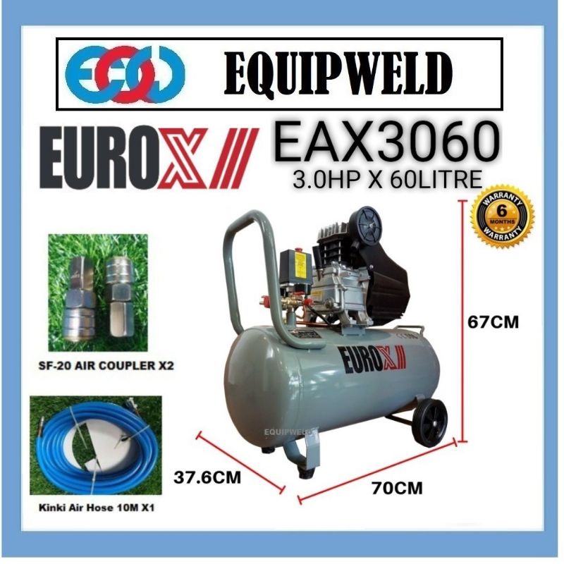 EUROX GOLD EAW3060 AIR COMPRESOR 3.0HP X 60LITRE + FOC KINKI HOSE 10Mx1 + SF-20 COUPLERx2 ...