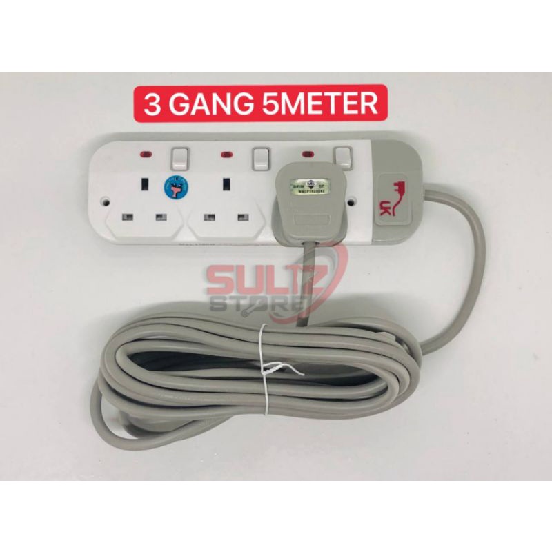 EXTENSION TRAILING SOCKET WITH NEON PLUG ADAPTOR MULTIPLE UNIVERSAL ADAPTER PLUG 5METER 3GANG ...