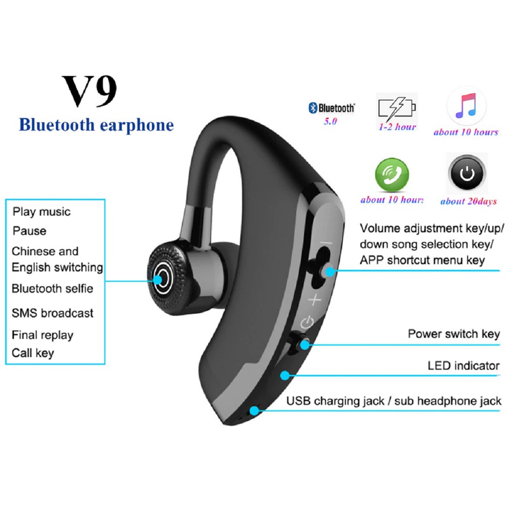 V9 earphones Bluetooth headphones Handsfree wireless headset Drive Call Zoom meeting concall ...