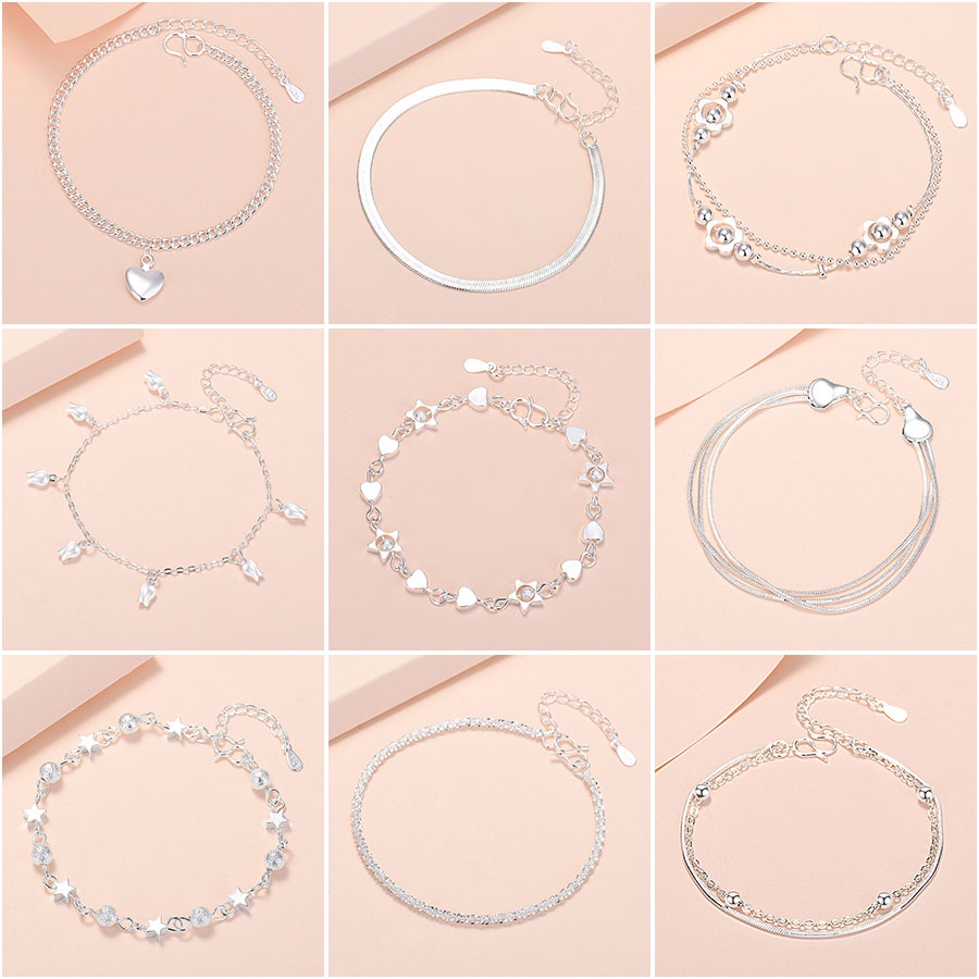 925 Silver Women Bracelet Anklet Snake Bone Gelang Heart Silver Chain ...