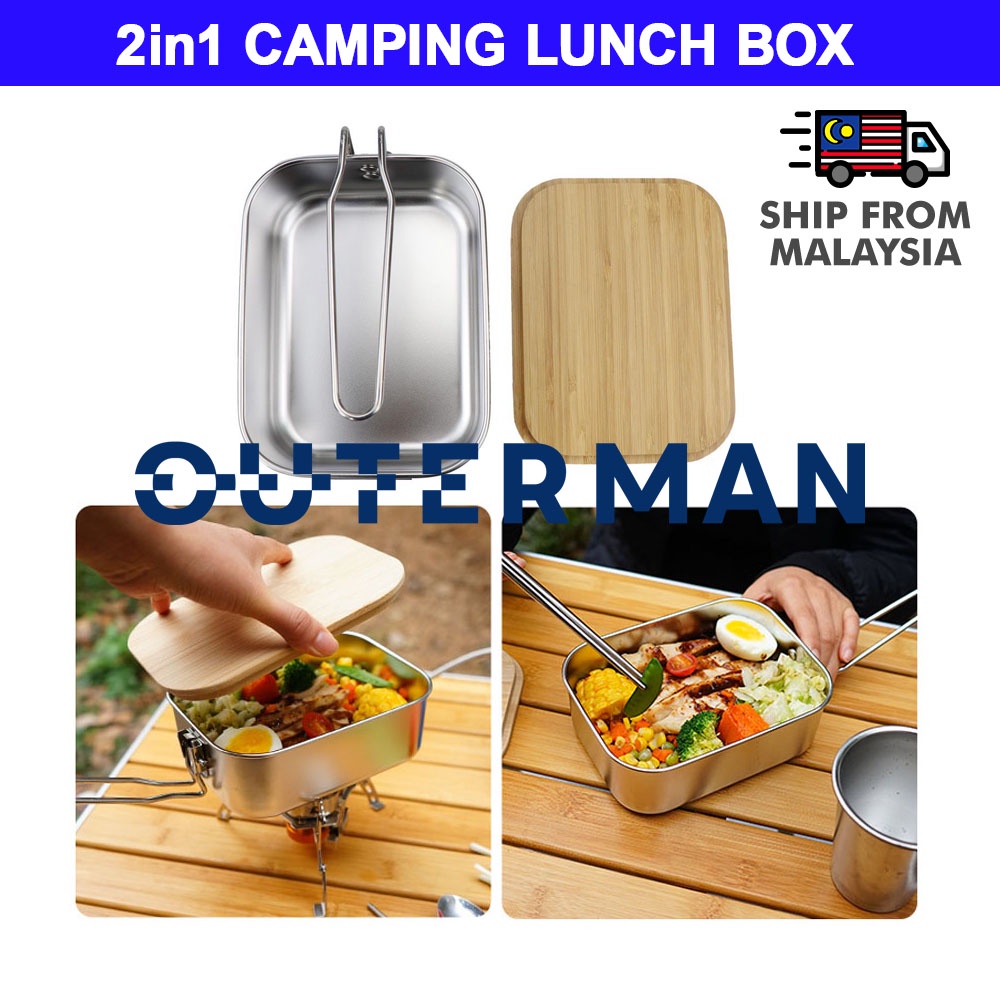 OUTERMAN 2in1 Portable Outdoor Lunch Box 304 Stainless Steel Bamboo ...