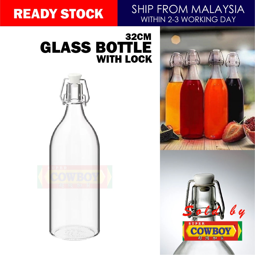 (32cm/1L) Glass Bottle with Lock / Botol Kaca ala Ikea Korken / with ...