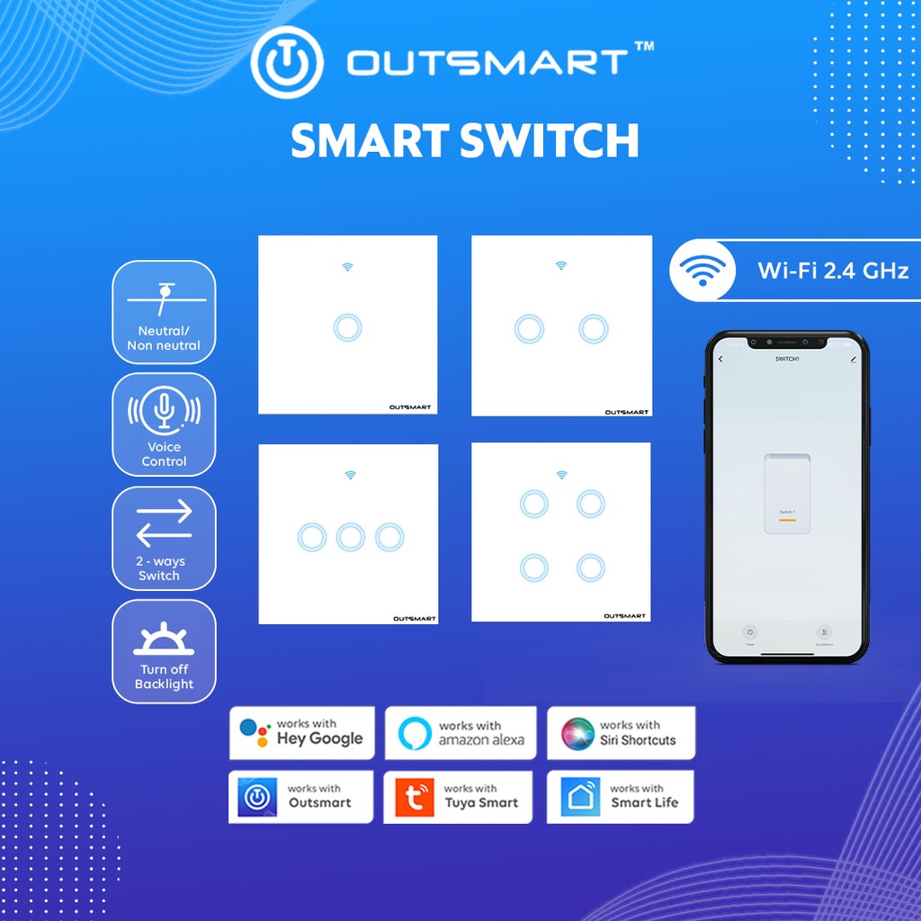 🇲🇾OUTSMART Wifi Smart Switch NO Neutral Wire Required 2 ways Wall switch APP Voice Light Google ...
