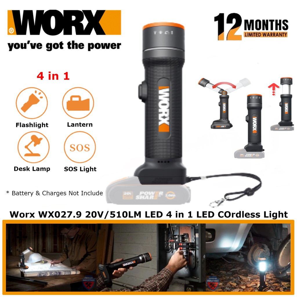 Worx WX027 .9 20V/510LM LED 4 in 1 Flash Light / Outdoor house hold ...