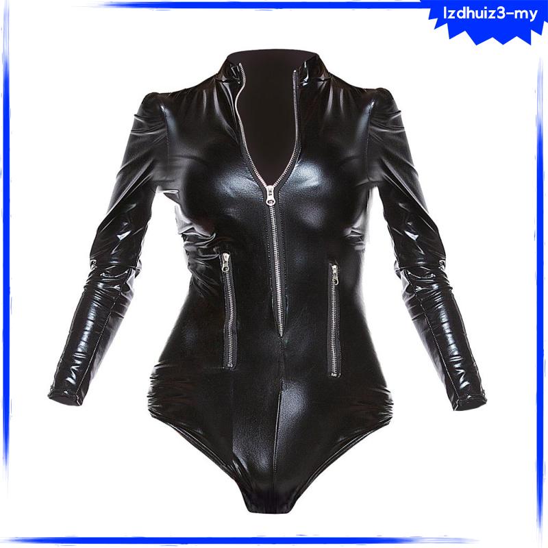 Ladies Leather Bodysuit with Sleeve PVC Piece Turtle Neck Zip Jumpsuit ...