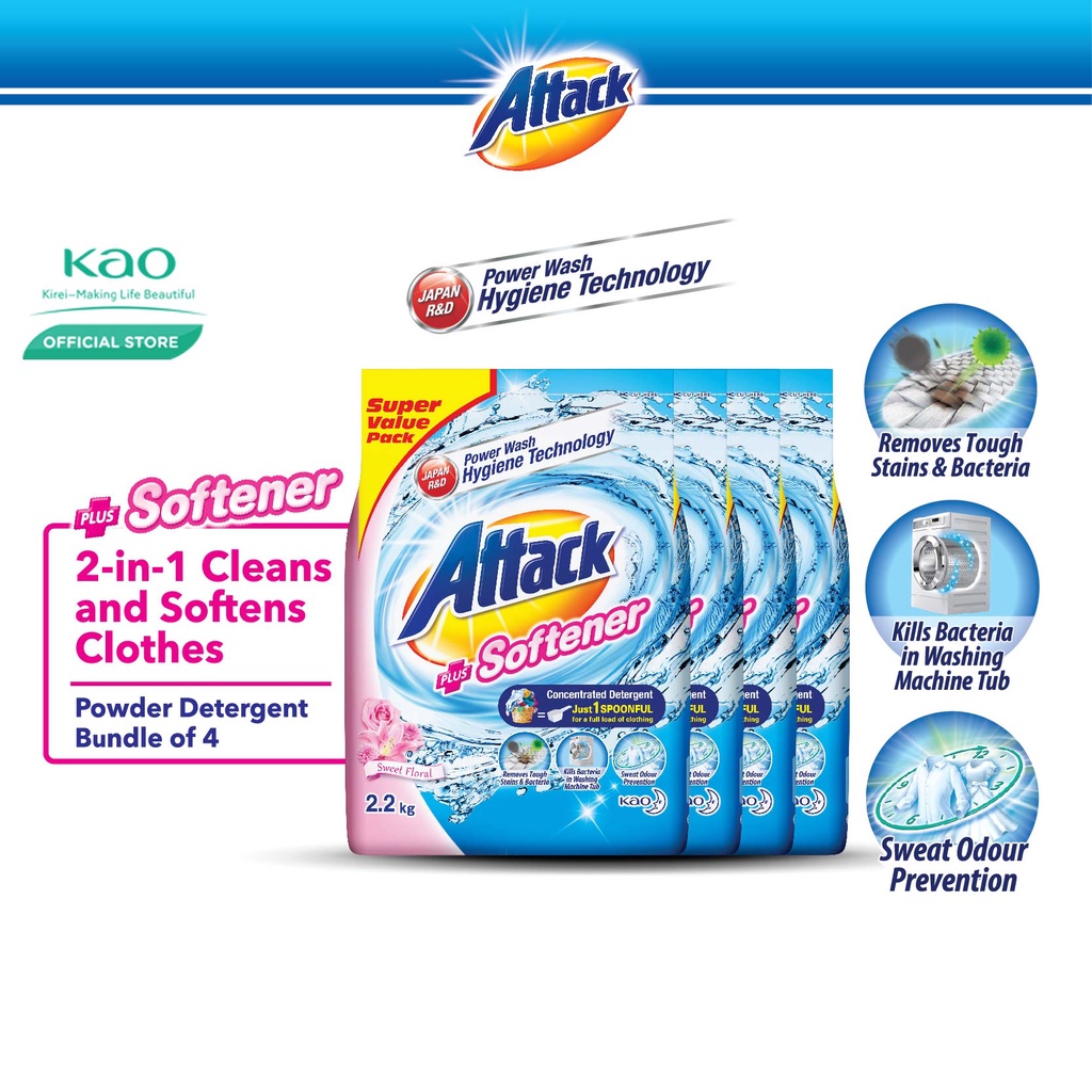 [Bundle of 4] ATTACK Detergent Plus Softener Sweet Floral Concentrate Detergent Powder (ATS) - 2 ...