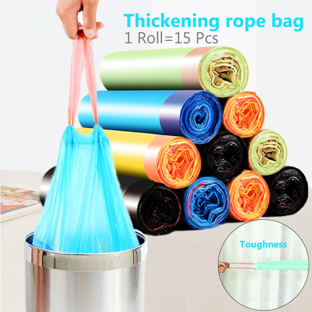 1Roll 15pcs Automatic Closing Tie On Garbage Bag With Rope Easy Pull ...