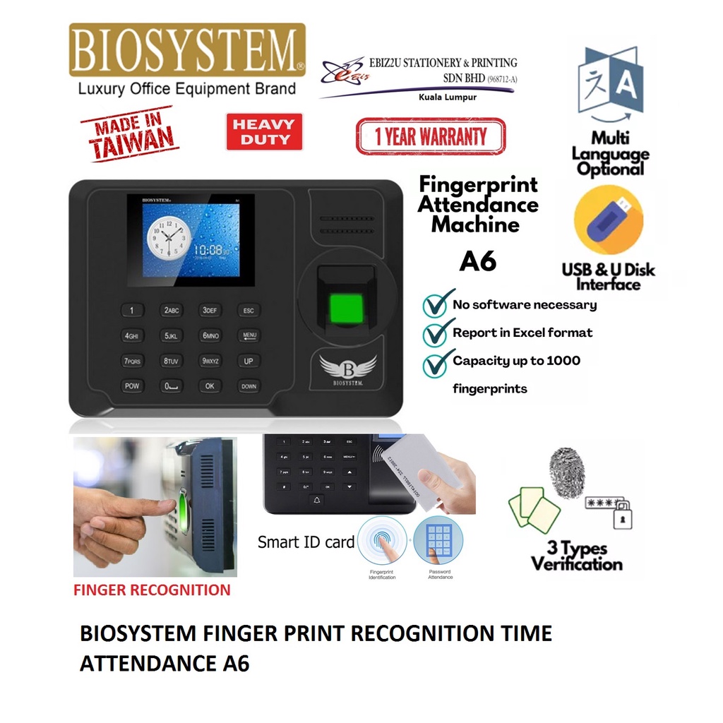 BIOSYSTEM FINGER PRINT RECOGNITION TIME ATTENDANCE A6 - Finger, ID Card & Password ( mesin ...