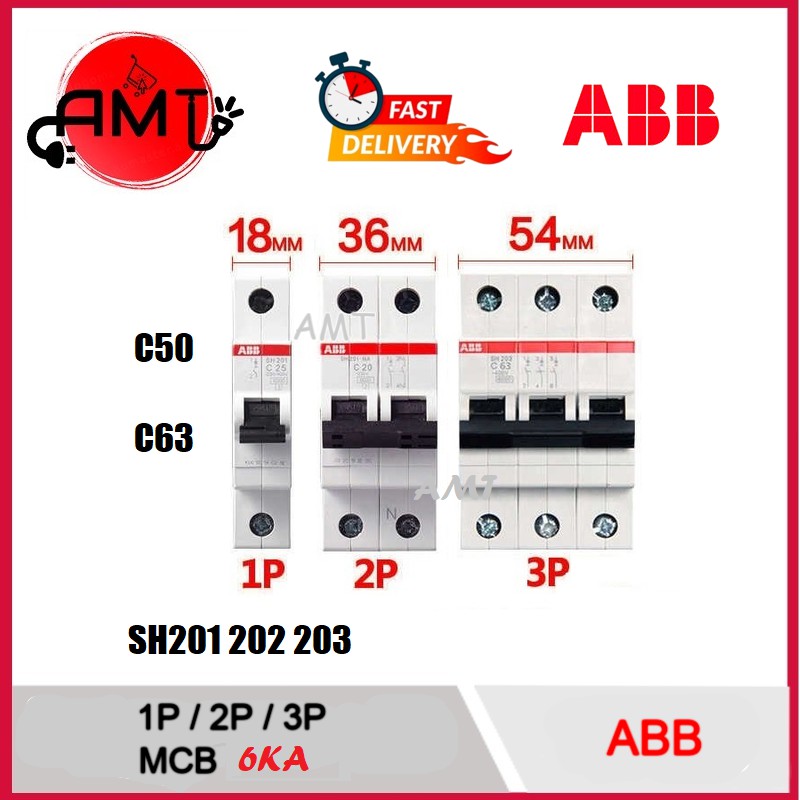 ABB SH201 50A 63A 1POLE 2POLE 3POLE MCB 6KA | Shopee Malaysia