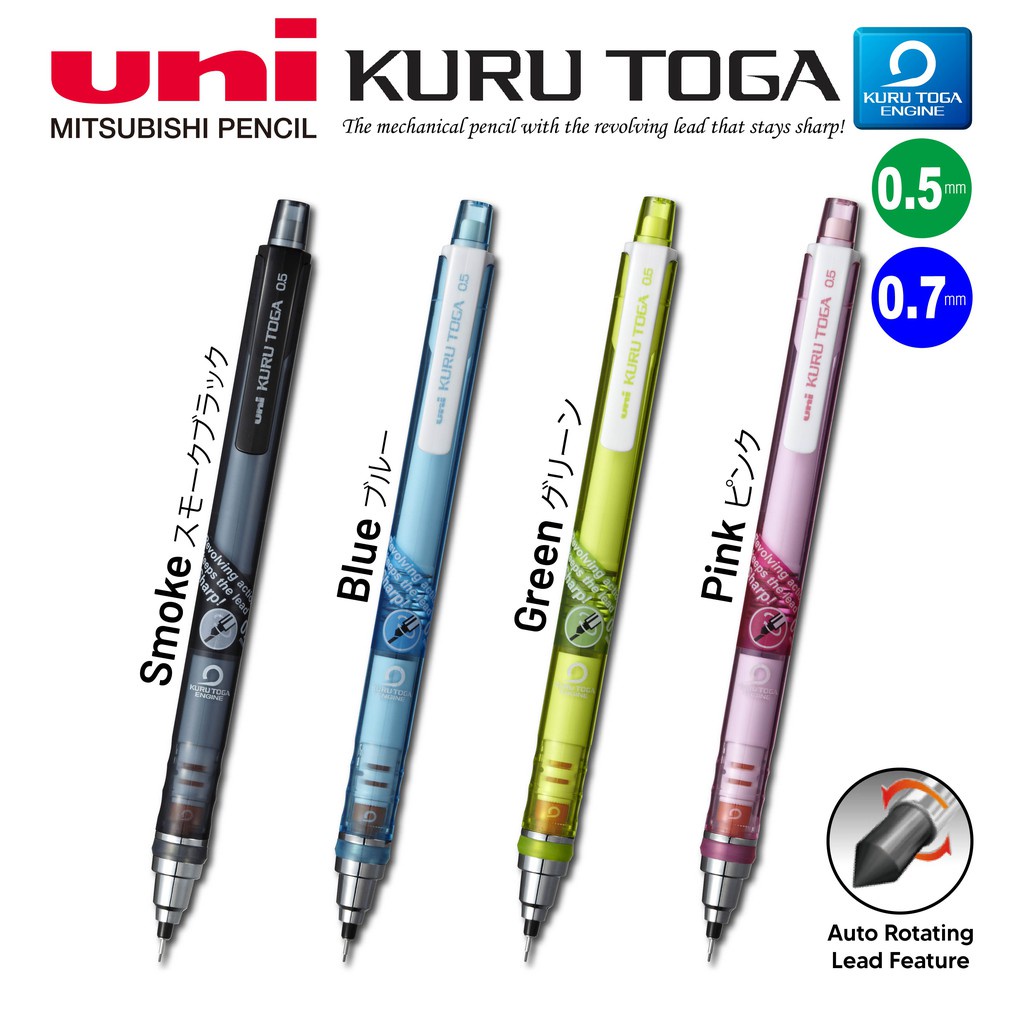 UNI Kuru Toga Mechanical Pencil 0.5mm Free Pencil Lead Set (Smoke/Blue/Pink/Green) | Shopee Malaysia