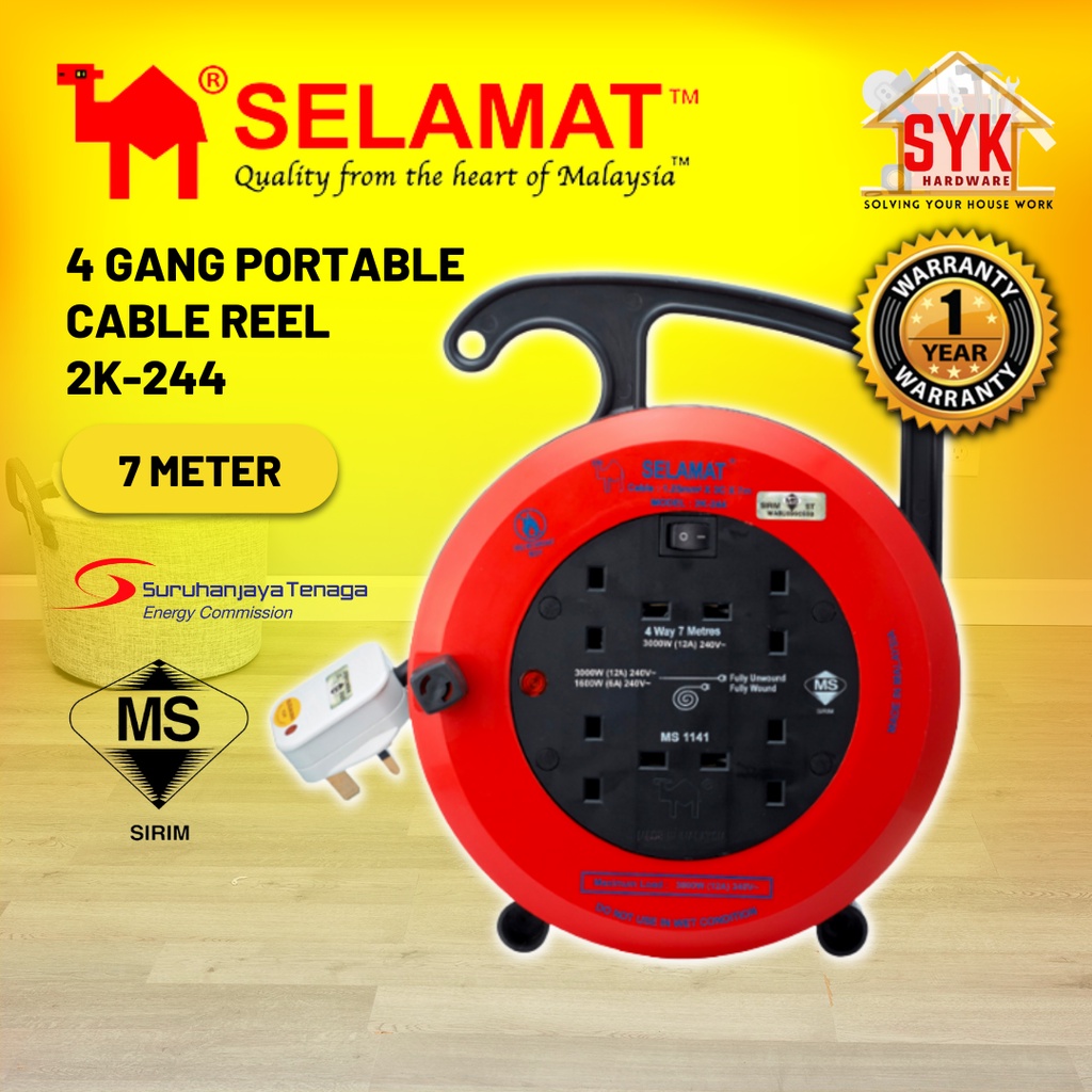 SYK SELAMAT 2K-244 4 Gang Cable Reel 7 Meter Extension Plug Socket Wire ...