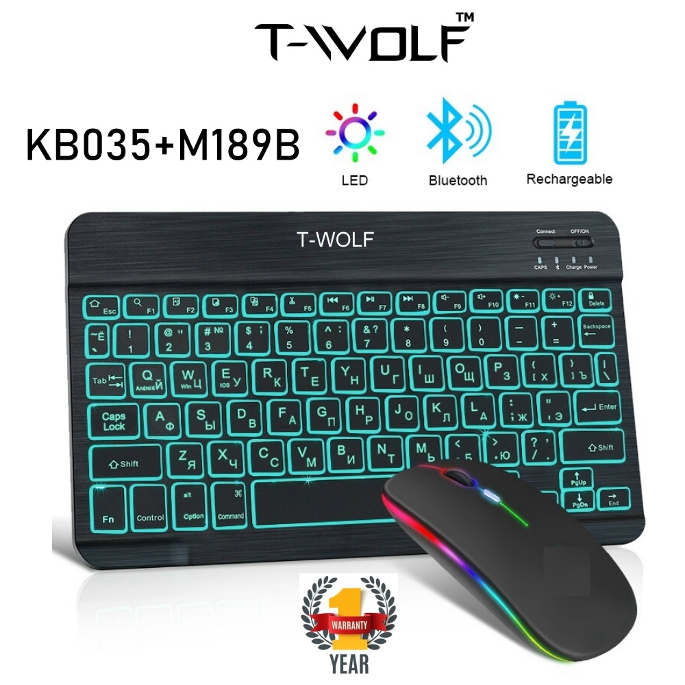 T-WOLF 10" LED KB035B+M189 Wireless Bluetooth Keyboard LED Backlit mini ...