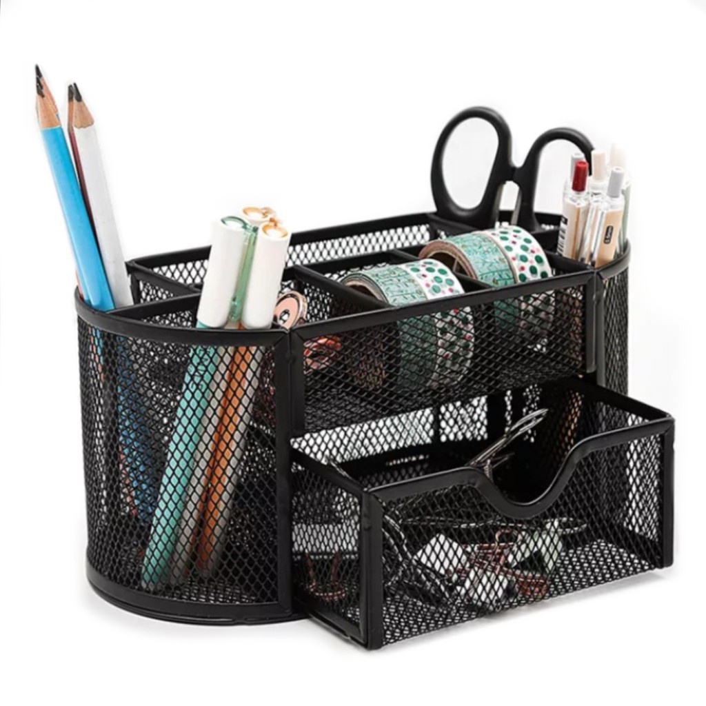9059 Multi Purpose Metal Pen Holder with Drawer Desk Organizer Storage ...