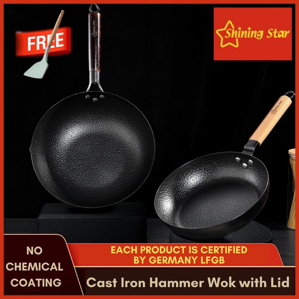 FREE SPATULA Cast Iron Hammer Wok LFGB Certified Nonstick Skillet Stir ...
