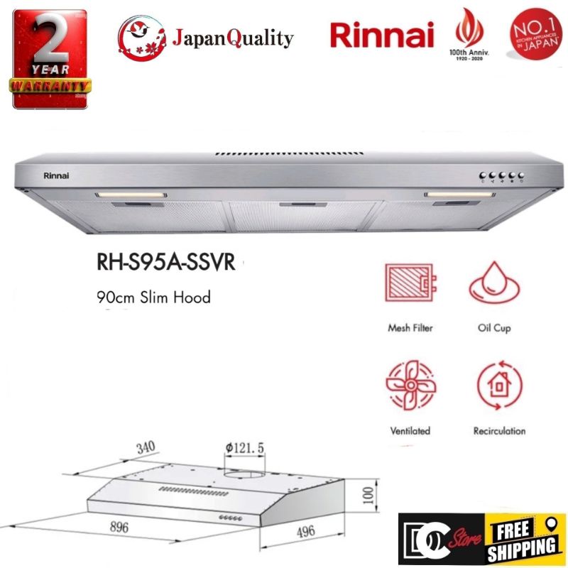Rinnai RH-S95A-SSVR 90cm Slim Hood RHS95ASSVR Cooker Hood | Shopee Malaysia