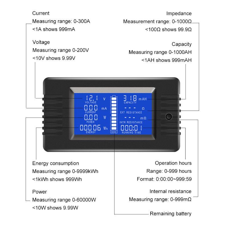 DC Battery Tester Voltmeter Ampmeter Power Impedance Capacity Energy ...