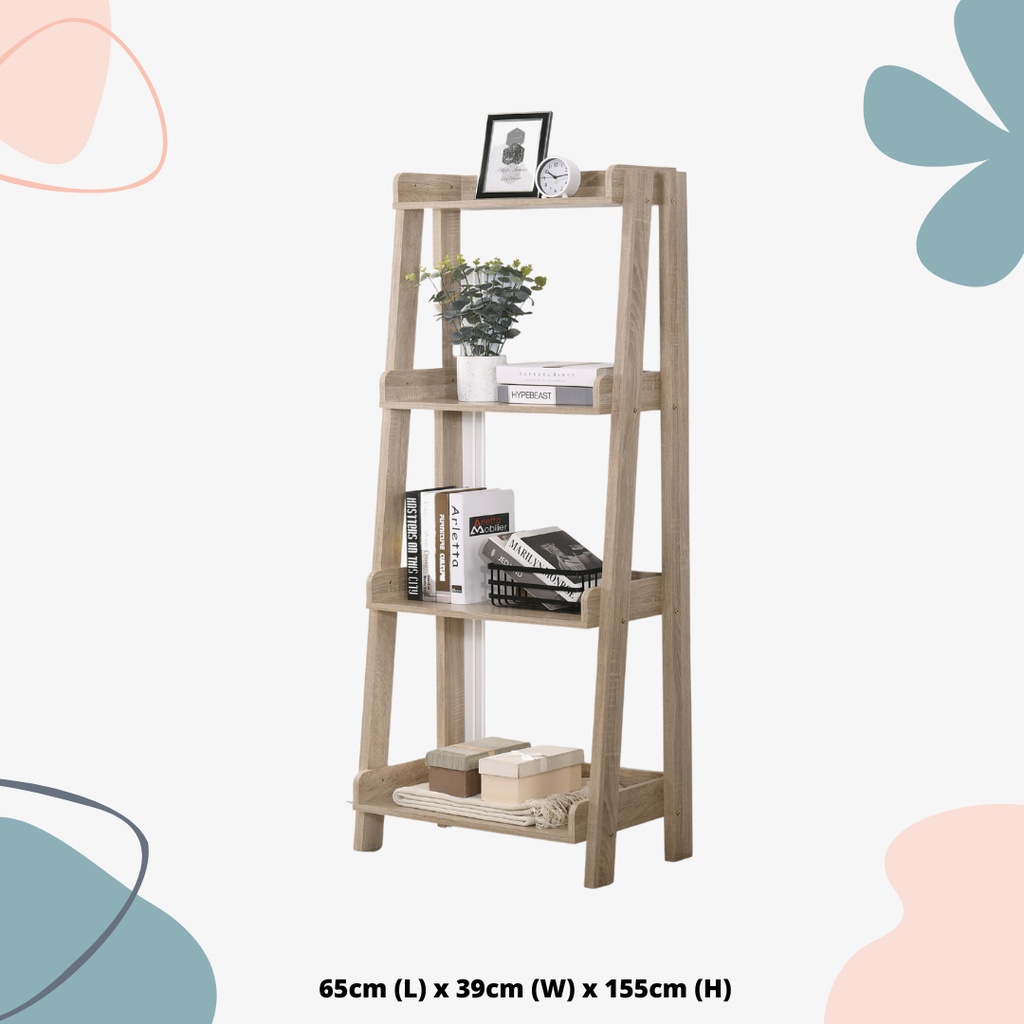 SHIRO Ladder Bookshelf 4 Tier Display Rack Rak Buku Kayu Storage Rack 4 ...