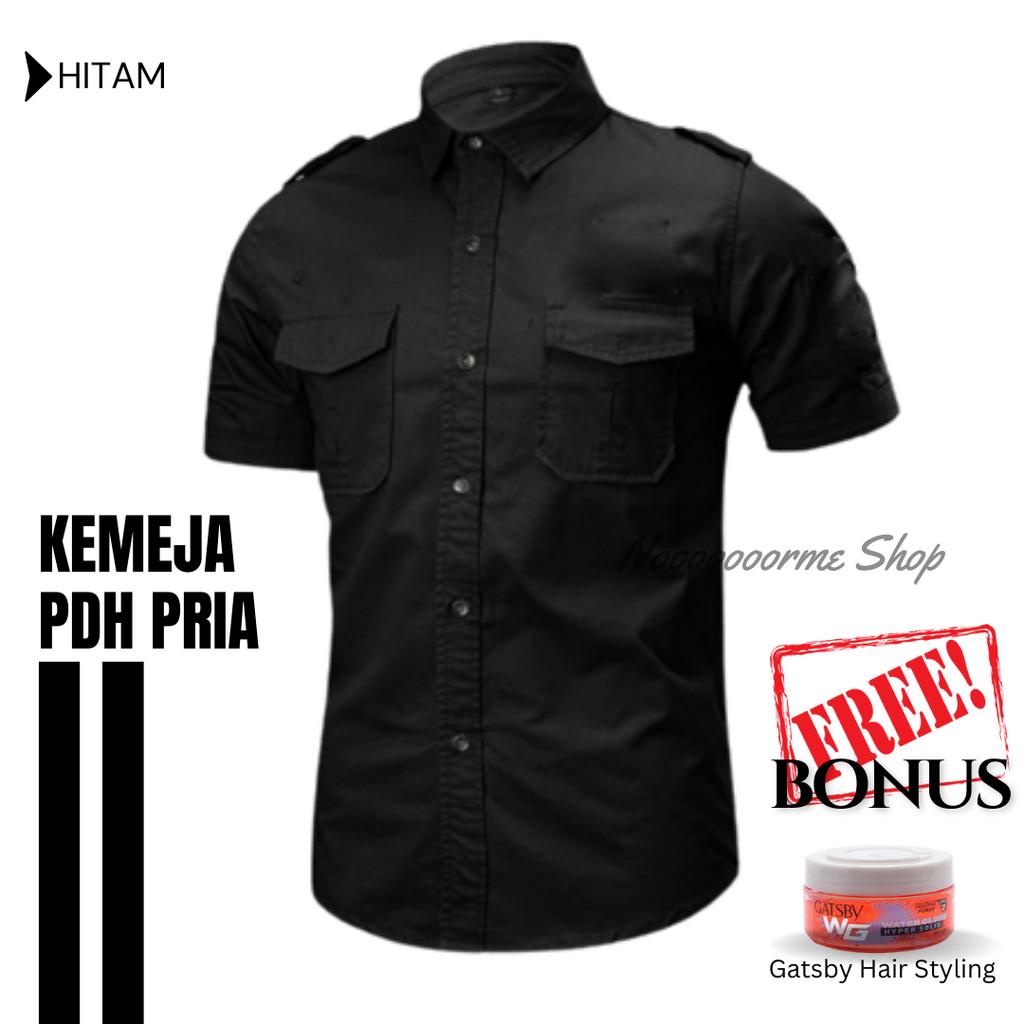 KEMEJA KATUN HITAM Free GATSBY - Baju PDH Black Polos Men Short Sleeve ...