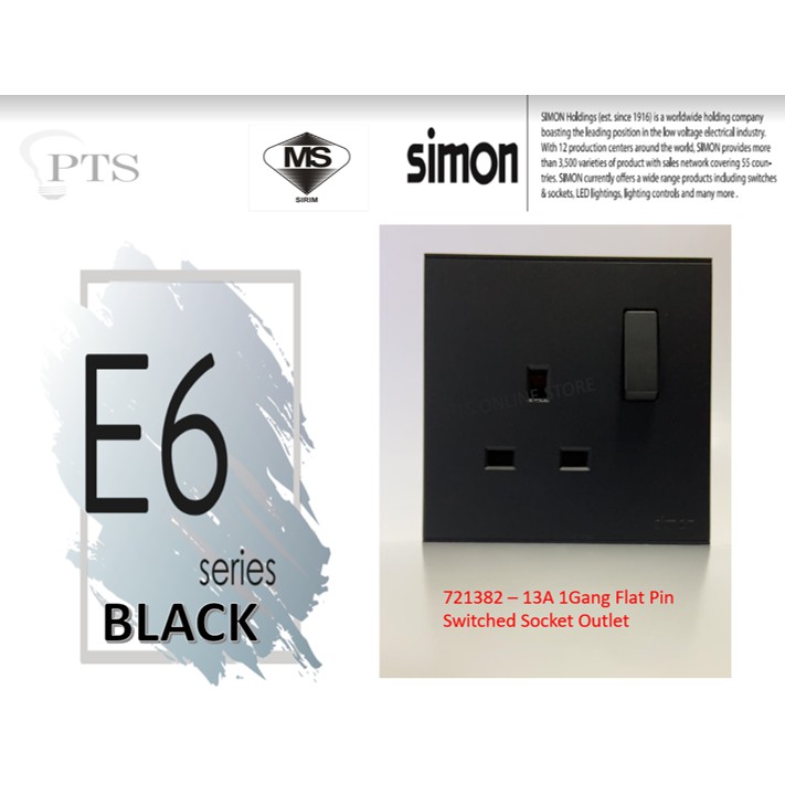 SIMON E6 Full BLACK 13A 1Gang Flat Pin Switch Socket Outlet | Shopee ...