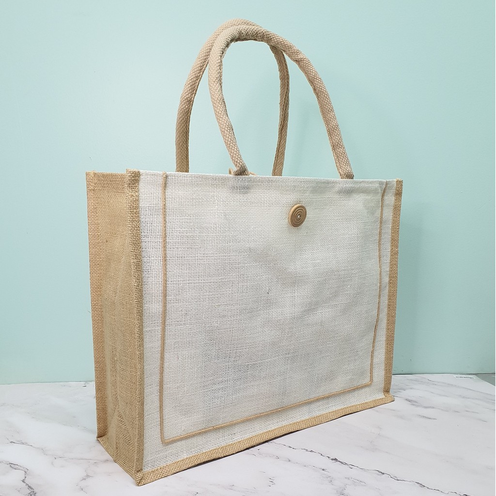 Big Jute Bag A3 Size Besar with Button White Women Tote Bag Canvas ...