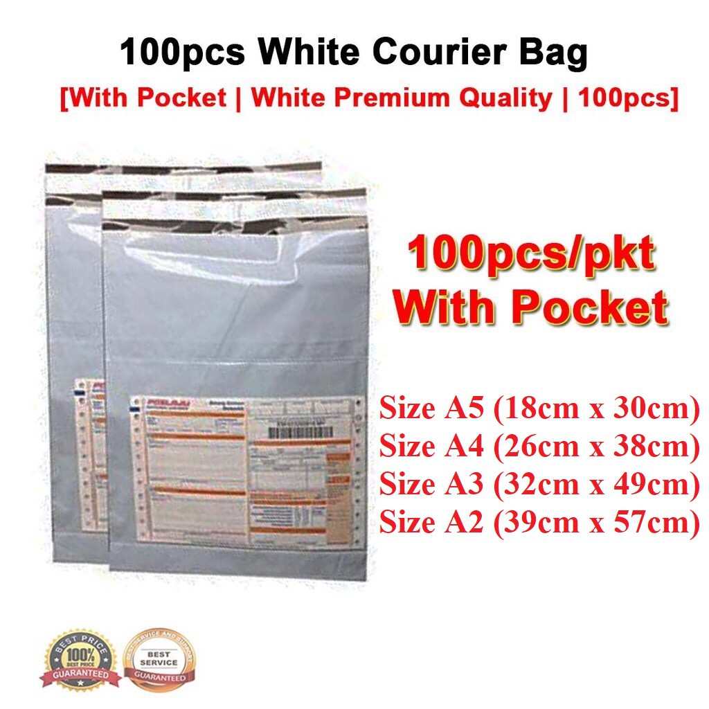 100pcs White Flyer Plastic Courier Parcel Bag with pocket/pkt Packaging ...